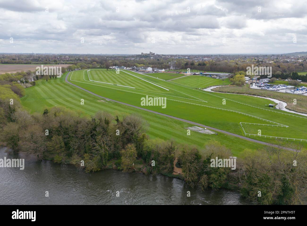 Aerial view of Royal Windsor Racecourse from Boveney Lock, Dorney, UK ...