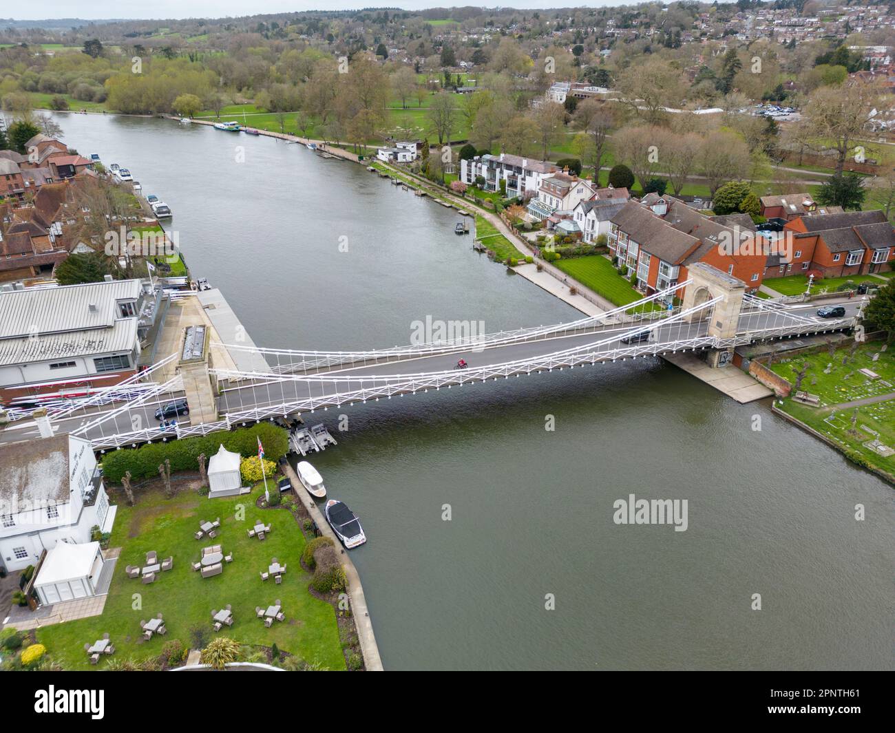 Aerial view of Marlow Suspension Bridge on the River Thames, Marlow ...