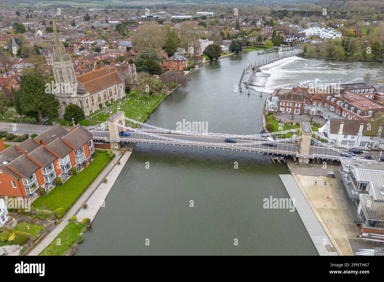 Aerial view of Marlow Suspension Bridge on the River Thames, Marlow ...