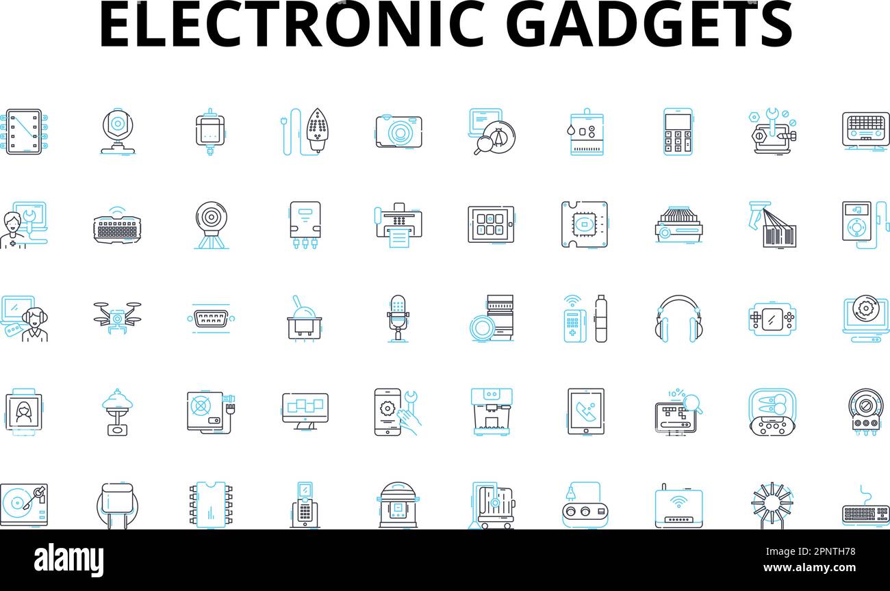 Electronic gadgets linear icons set. smartph, tablet, laptop, desktop, camera, earbuds ...