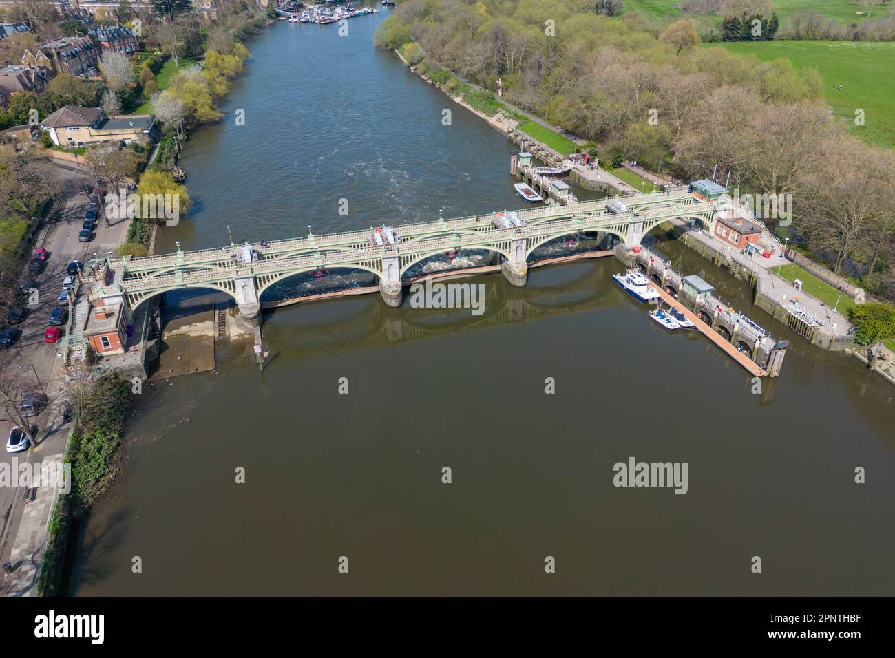 Aerial view of the River Thames at Richmond Lock and Weir, Richmond ...