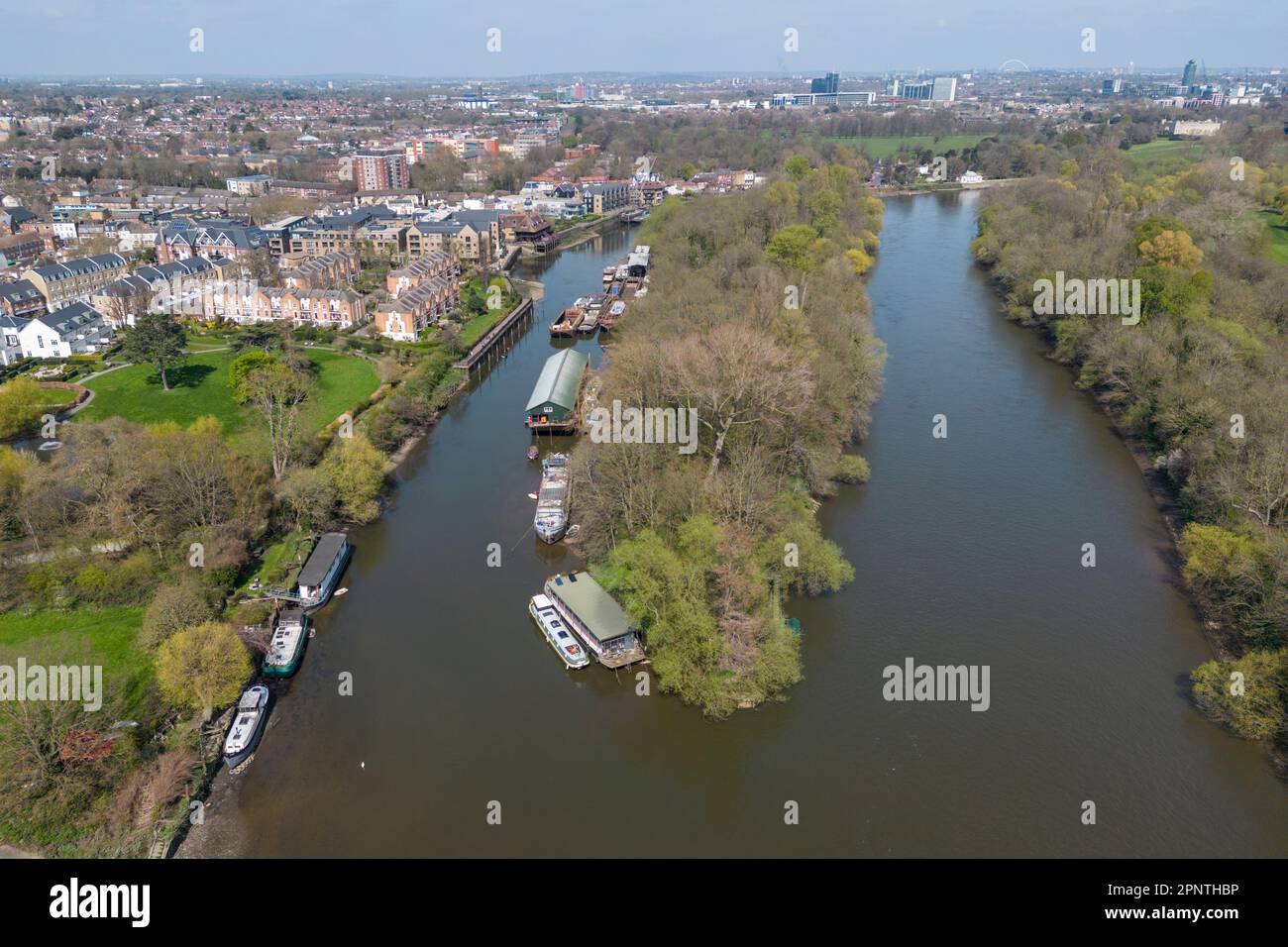 Aerial view of Isleworth Ait on the River Thames in Richmond Upon ...