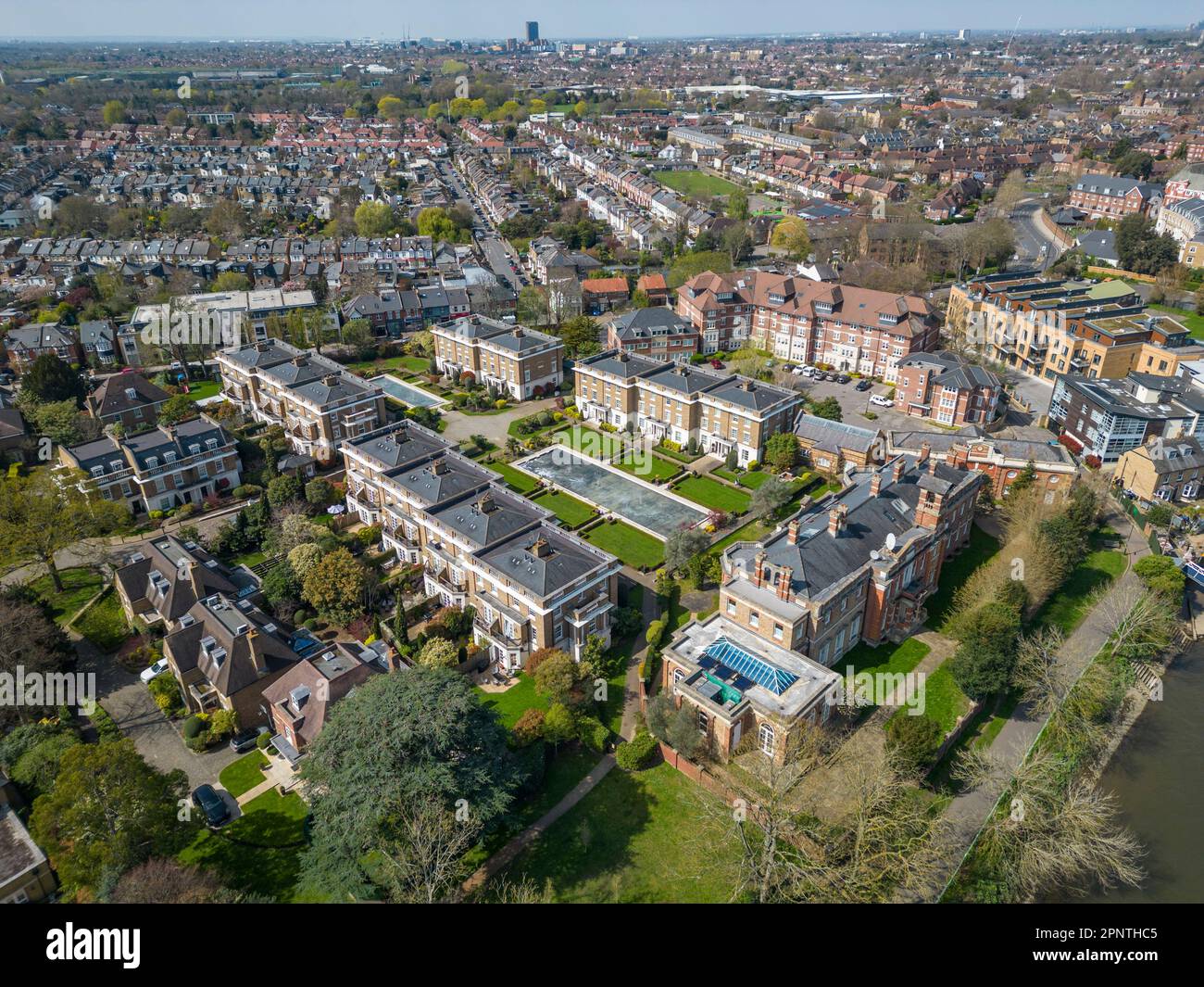 Aerial view of housing (Corsellis Square) near the River Thames in ...