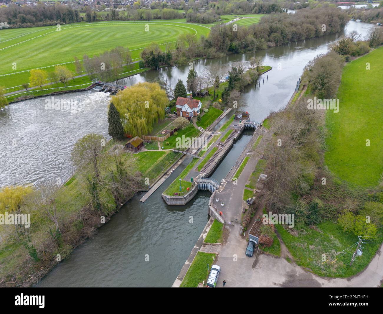 Aerial view of Boveney Lock on the River Thames, Dorney, UK Stock Photo ...