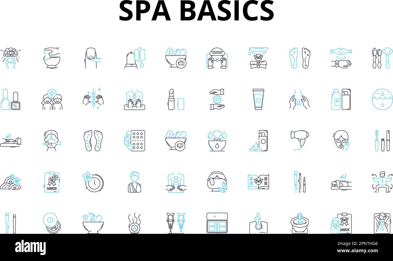 Spa basics linear icons set. Relaxation, Pampering, Massage, Soothing, Aromatherapy, Meditation ...
