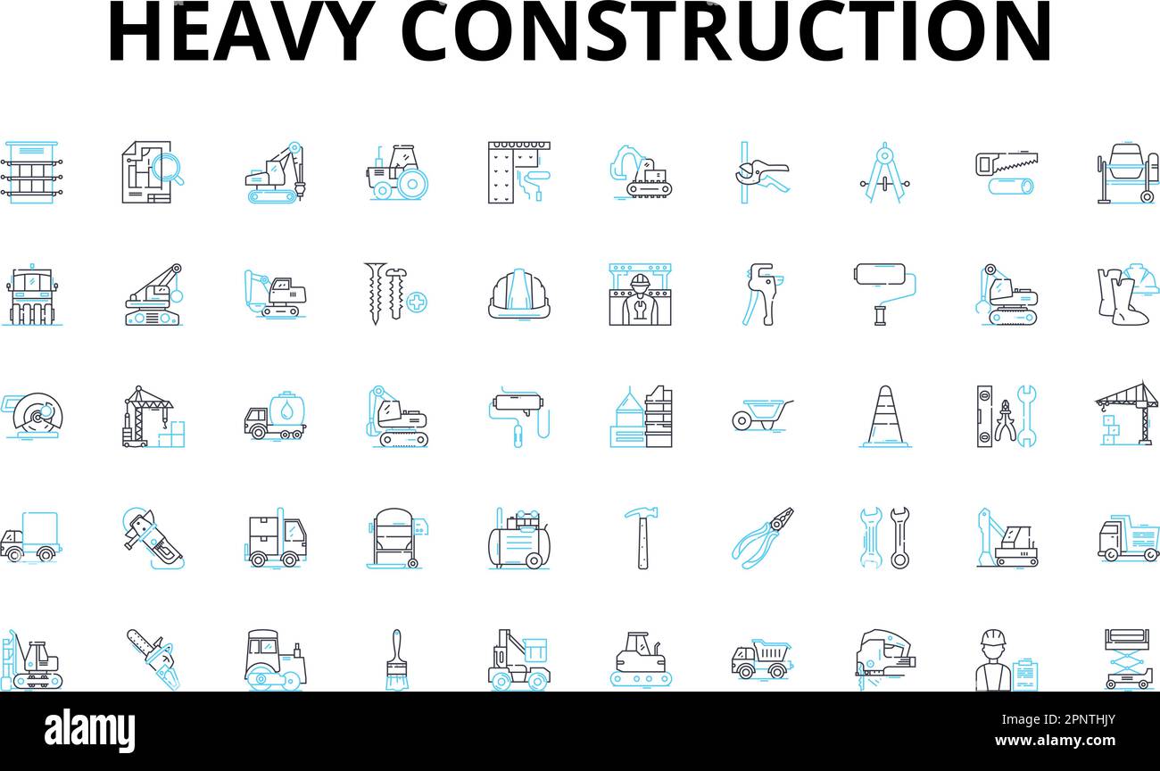 Heavy construction linear icons set. Excavation, Bulldozer, Grader ...