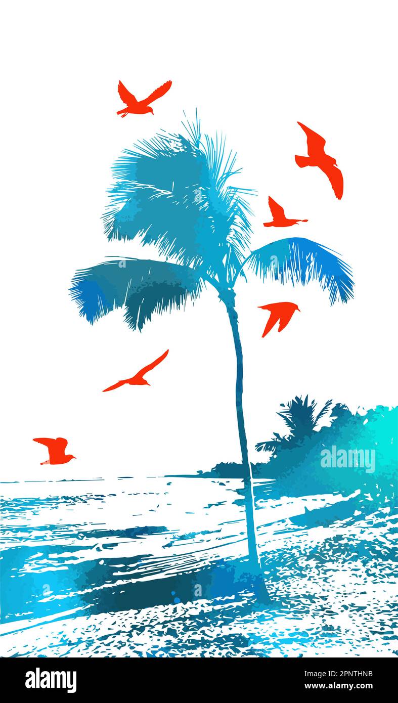 Abstract sea watercolor and palm leaf. Happy summer time. Vector ...