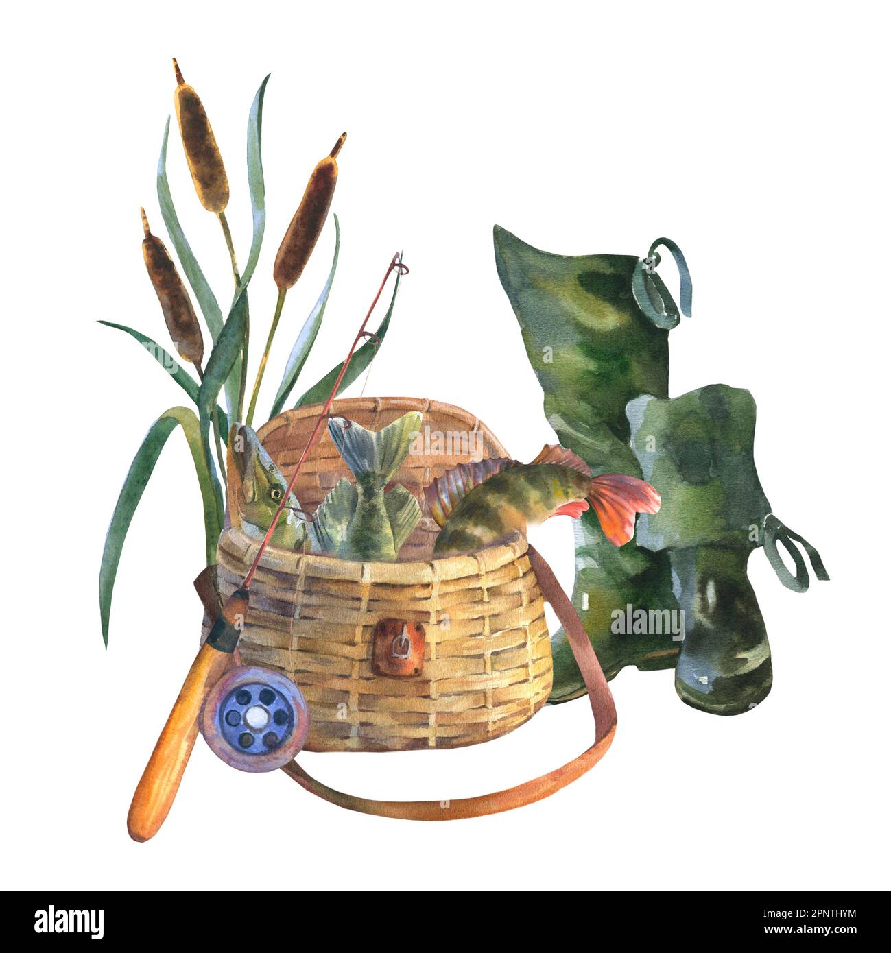 Fishing rod, reel, reed, rubber boots, fishing bag full of fish ...