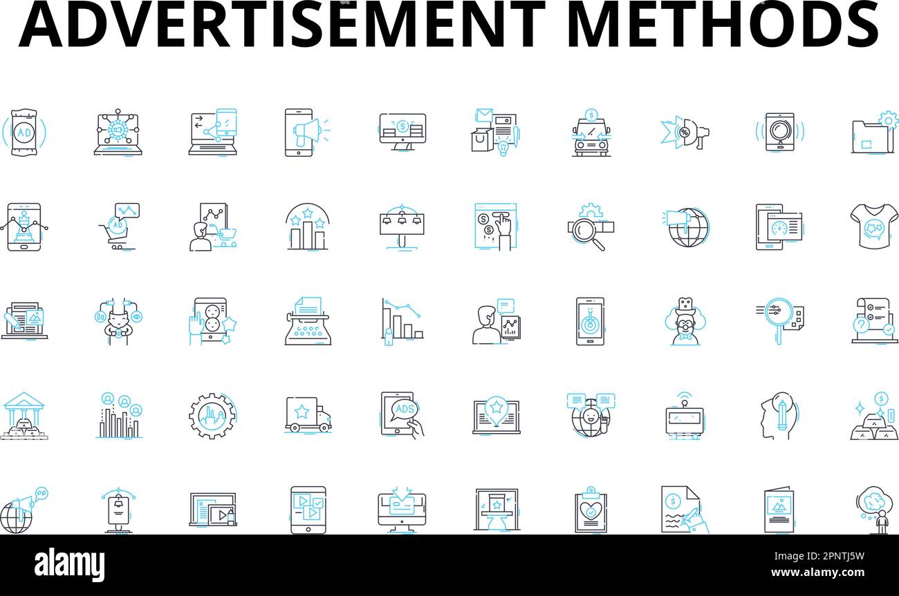 Advertisement methods linear icons set. Billboard, Banner, Print, Radio ...