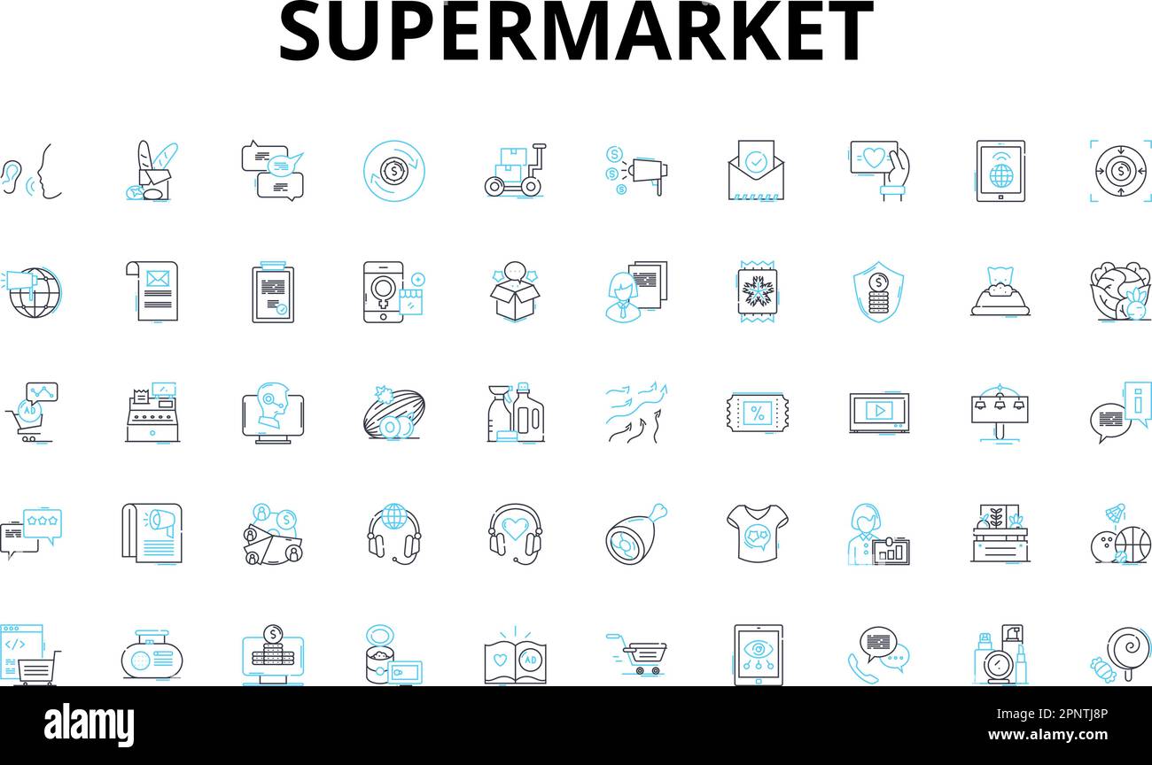 Supermarket linear icons set. Groceries, Aisles, Carts, Checkout, Deli ...