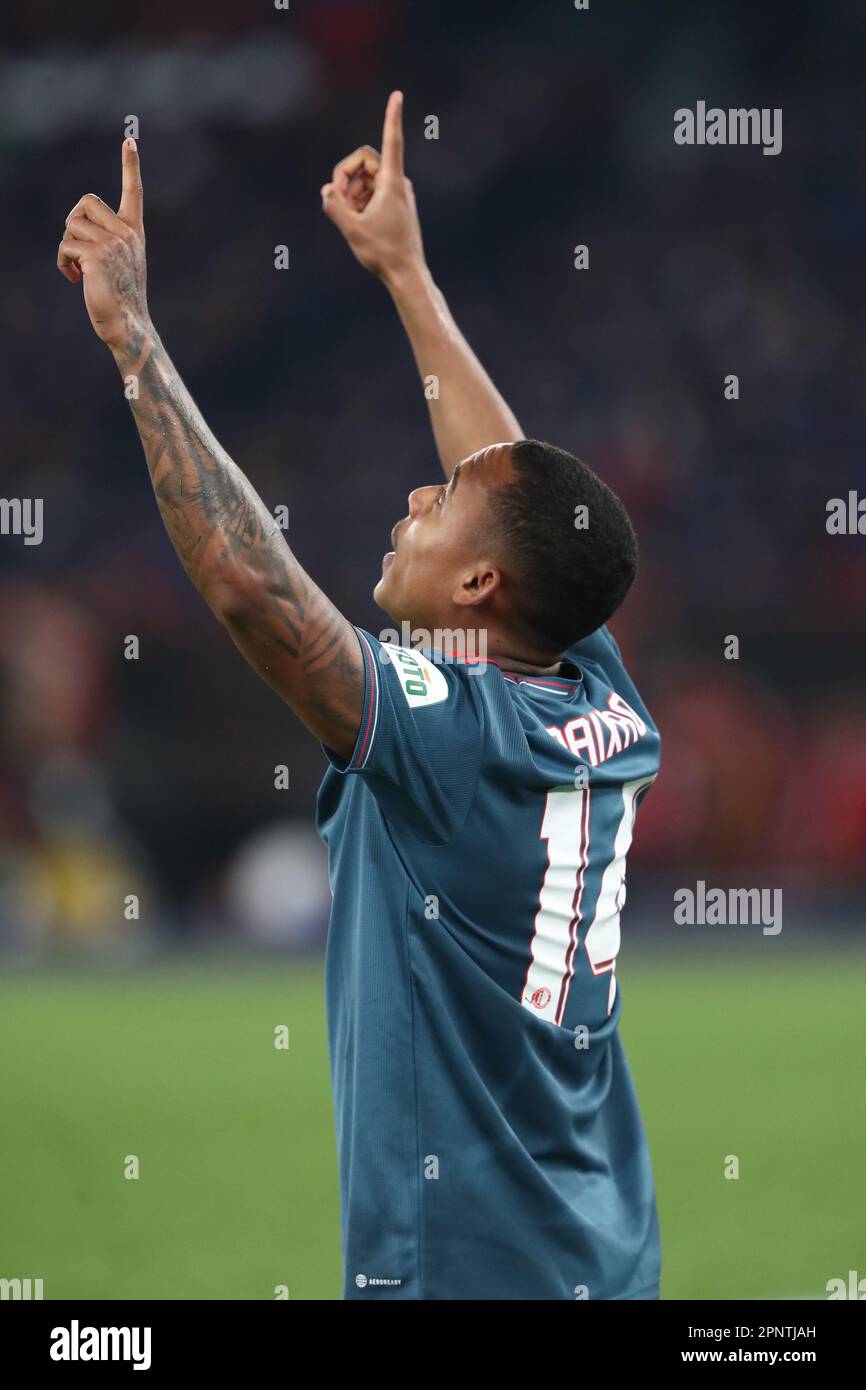 Rome, Italy. April 20, 2023. Lutsharel Geertruida of Feyenoord score the goal and celebrate with ...