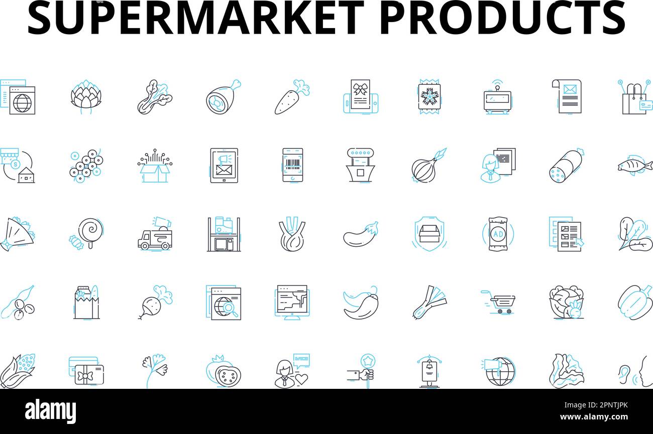 Supermarket products linear icons set. Groceries, Produce, Dairy, Meat ...