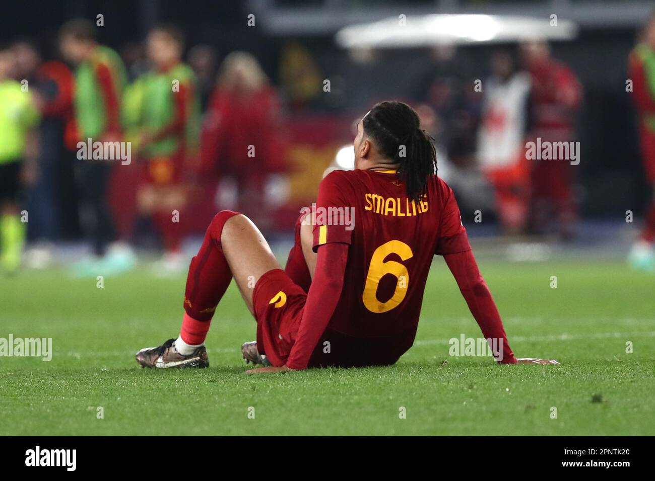 Rome, Italy. April 20, 2023. Chris Smalling of Roma injured during the ...