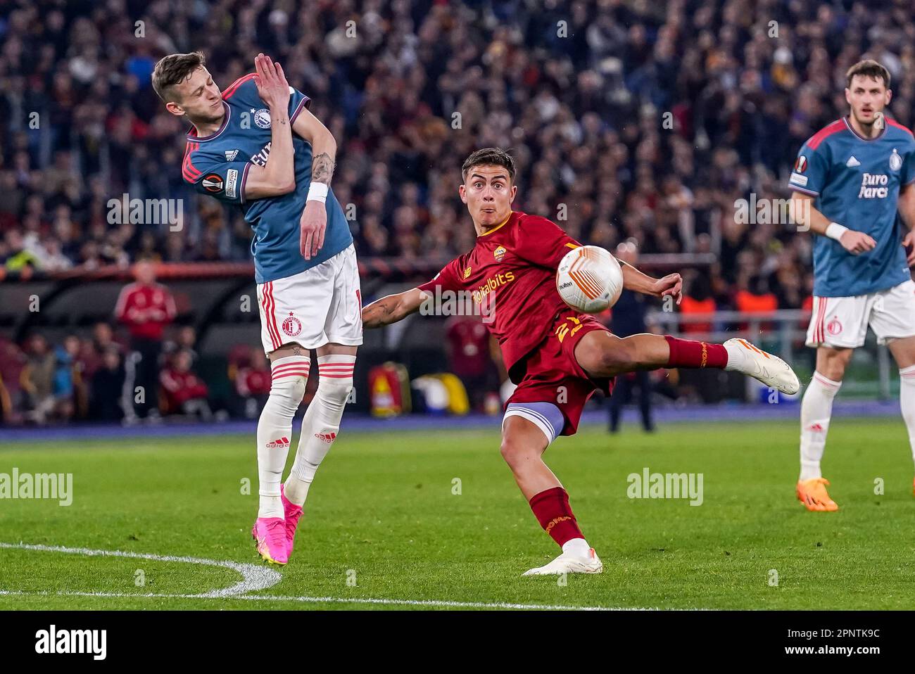 Rome, Italy. 20th April, 2023. Paulo Dybala of AS Roma shoots at goal prior the UEFA Europa ...