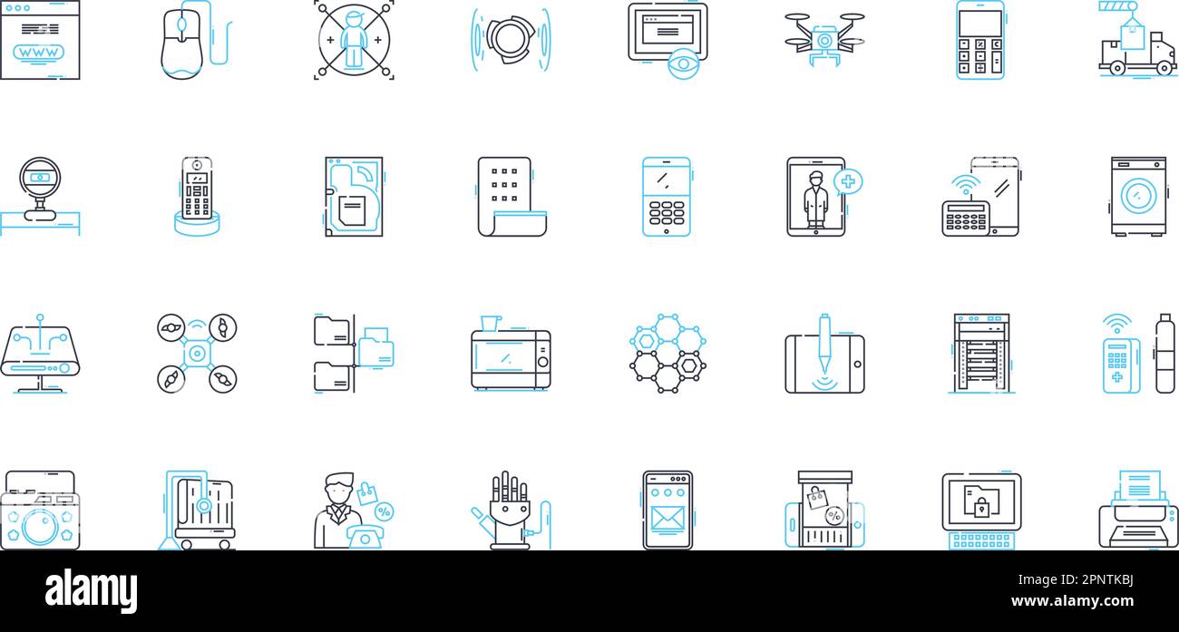 Technological apparatus linear icons set. Smartph, Tablet, Laptop, Desktop, Router, Server ...