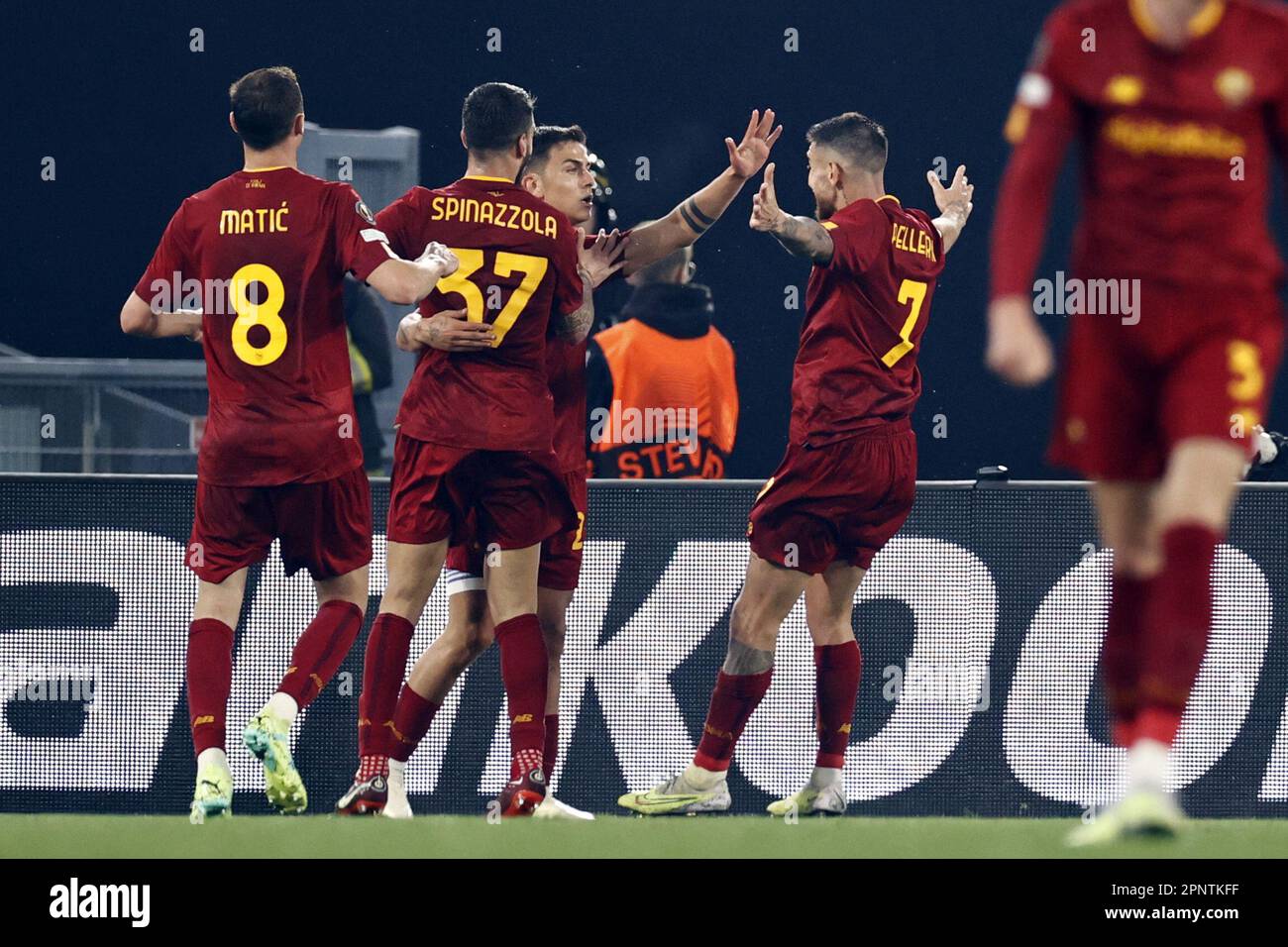 Rome, Italy. April 20, 2023. Paolo Dybala of AS Roma celebrates the 2-1 ...