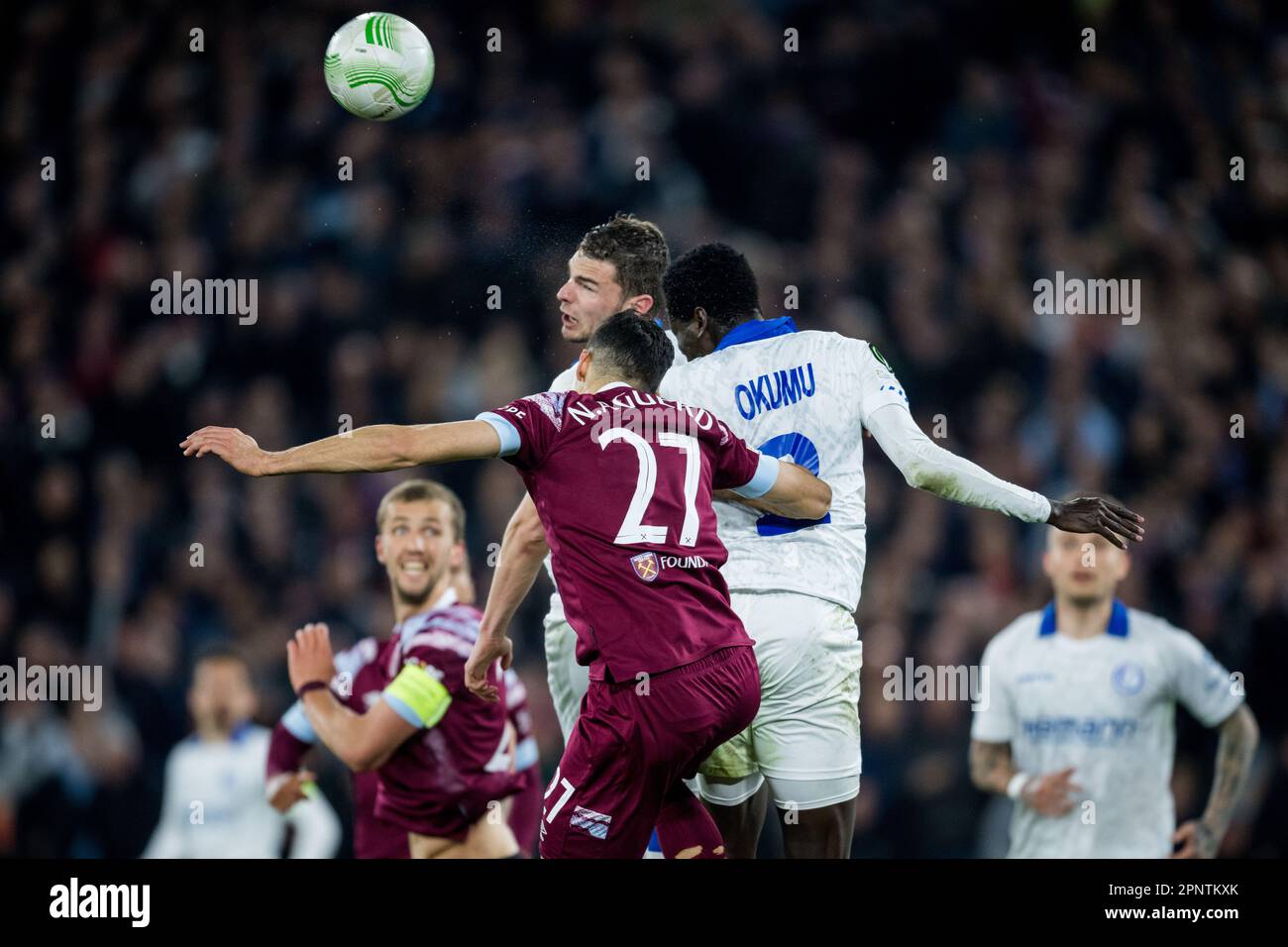 London, UK. 20th Apr, 2023. West Ham's Nayef Aguerd, Gent's Hugo ...