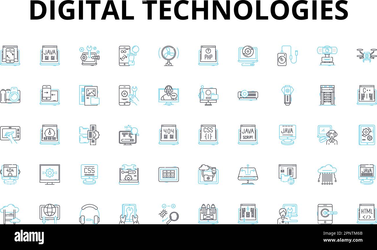 Digital technologies linear icons set. Innovation, Automation ...