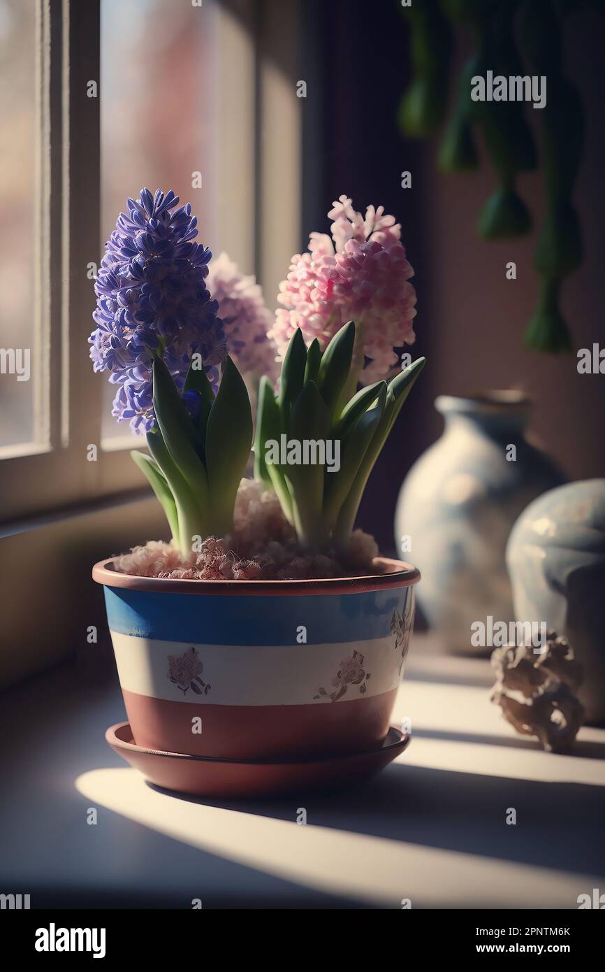 Flowering hyacinths stand in ceramic pot, by the window, in sunlight ...