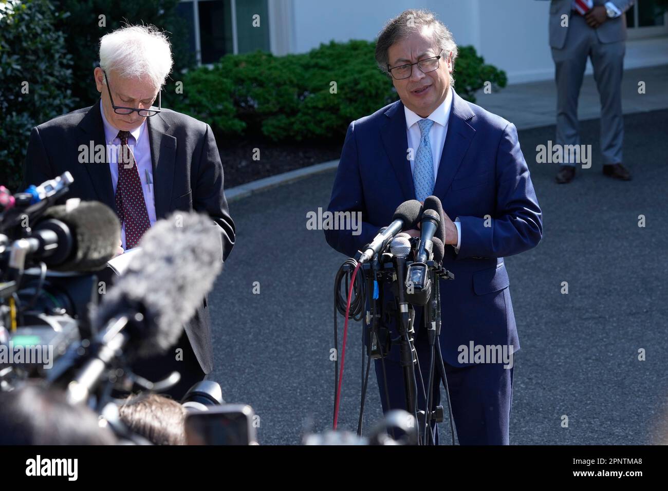 Colombian President Gustavo Petro speaks to reporters following his ...