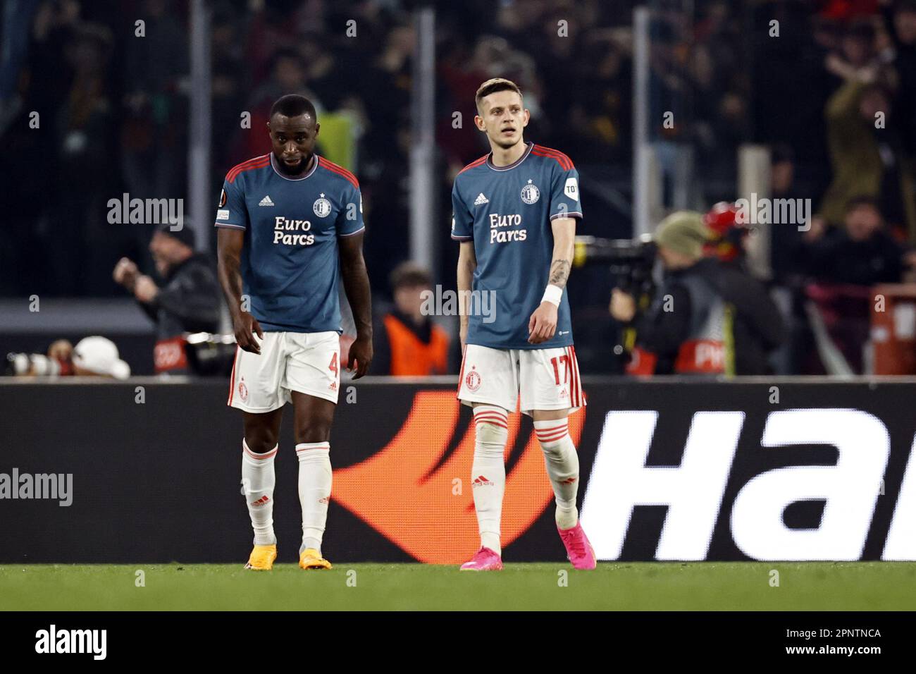 Rome, Italy. April 20, 2023. Lutsharel Geertruida of Feyenoord, Sebastian Szymanski of Feyenoord ...