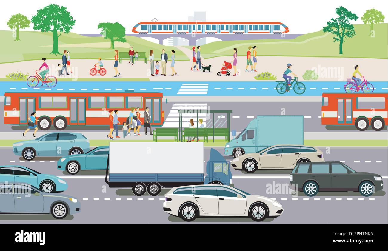 Bus stop, bike lane and road traffic illustration Stock Vector Image ...
