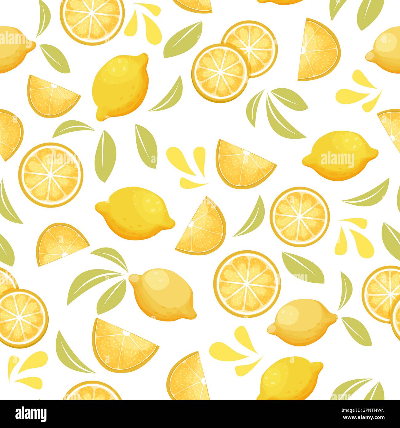 Lemon tropical citrus seamless pattern with leaves, slices in cartoon style. Abstract fresh ...
