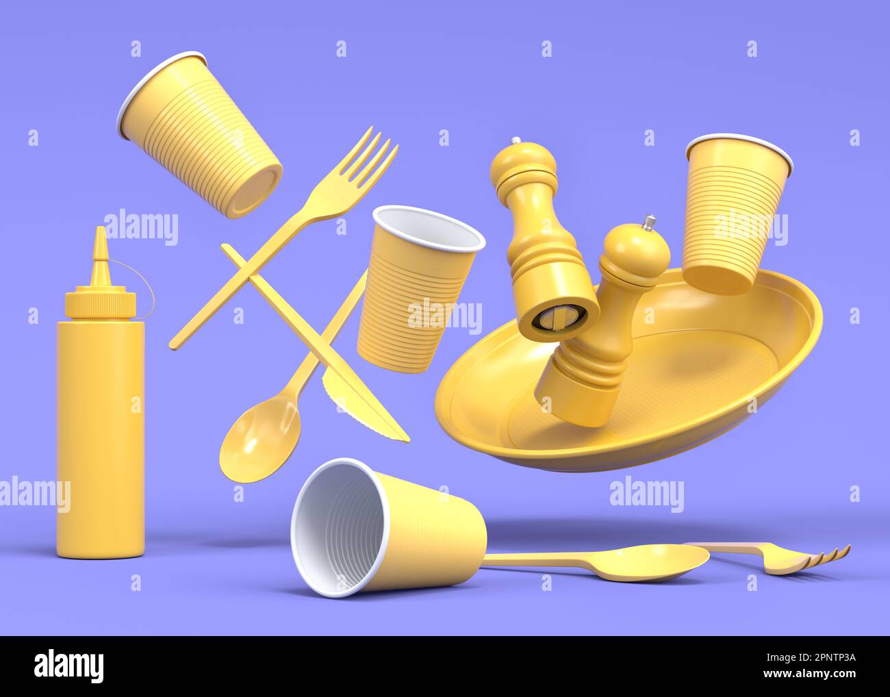 Set of disposable utensils like plate, folk, spoon,knife, cup and ...