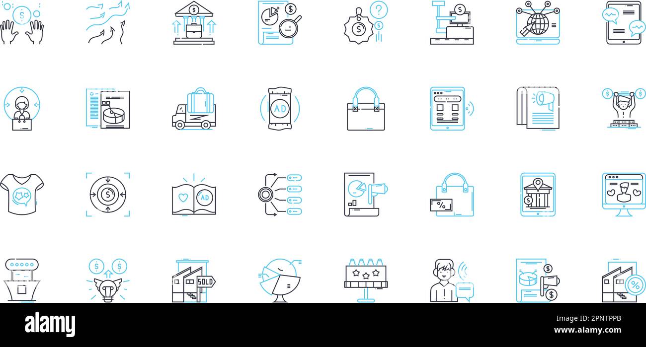 Product marketing linear icons set. Advertising, Positioning, Branding, Promotions, Segmentation ...