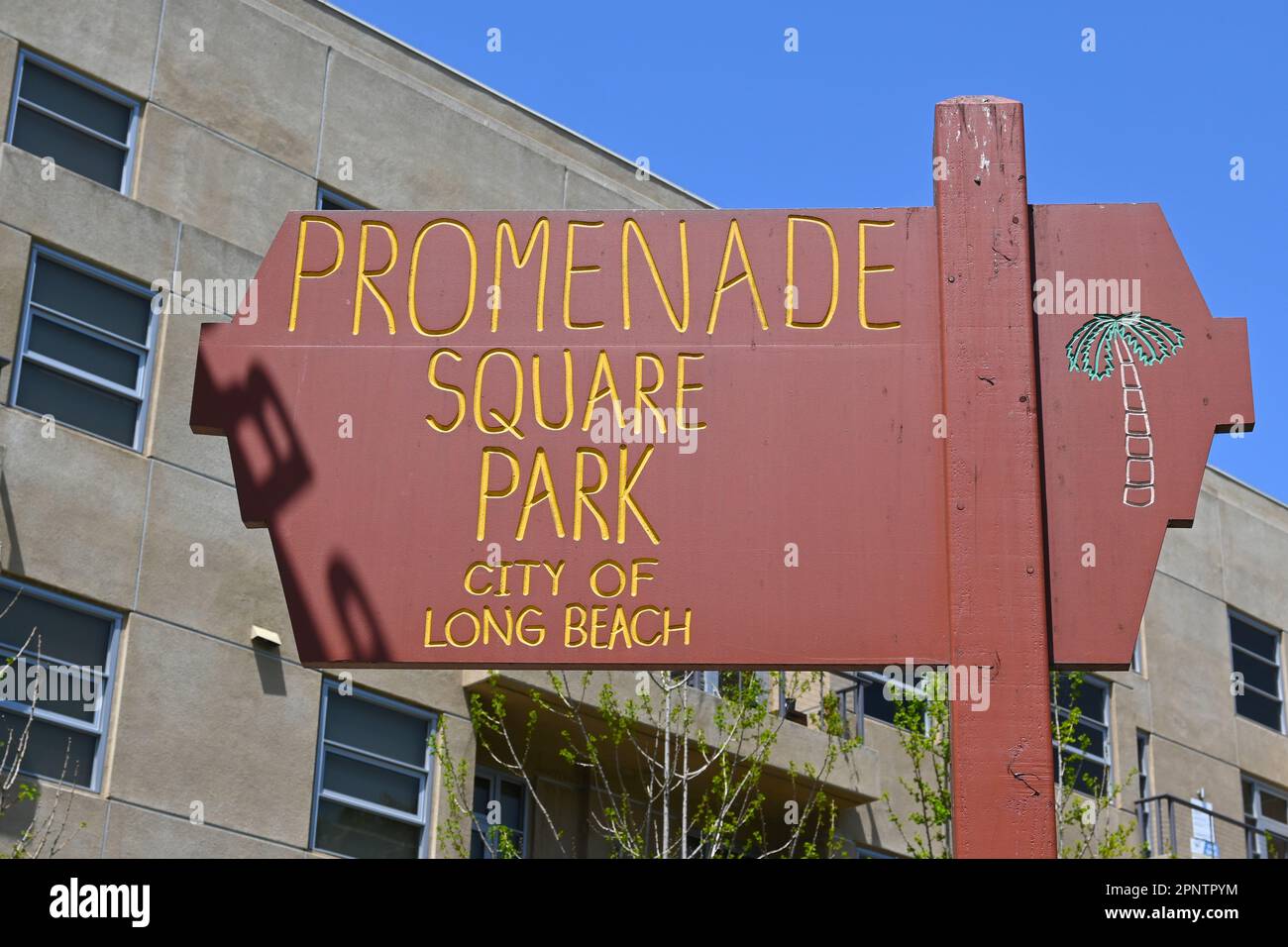 LONG BEACH, CALIFORNIA - 19 APR 2023: Promenade Square Park sign along ...