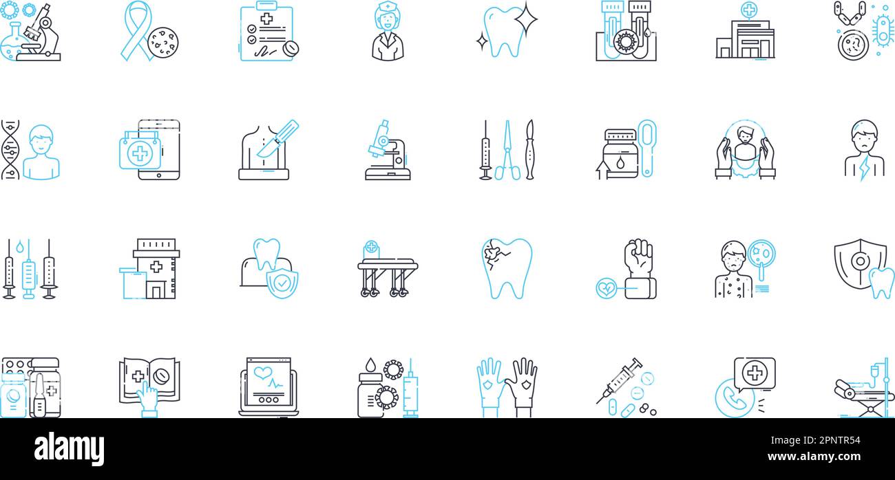 Tooth care linear icons set. Flossing, Brushing, Whitening, Cavity ...