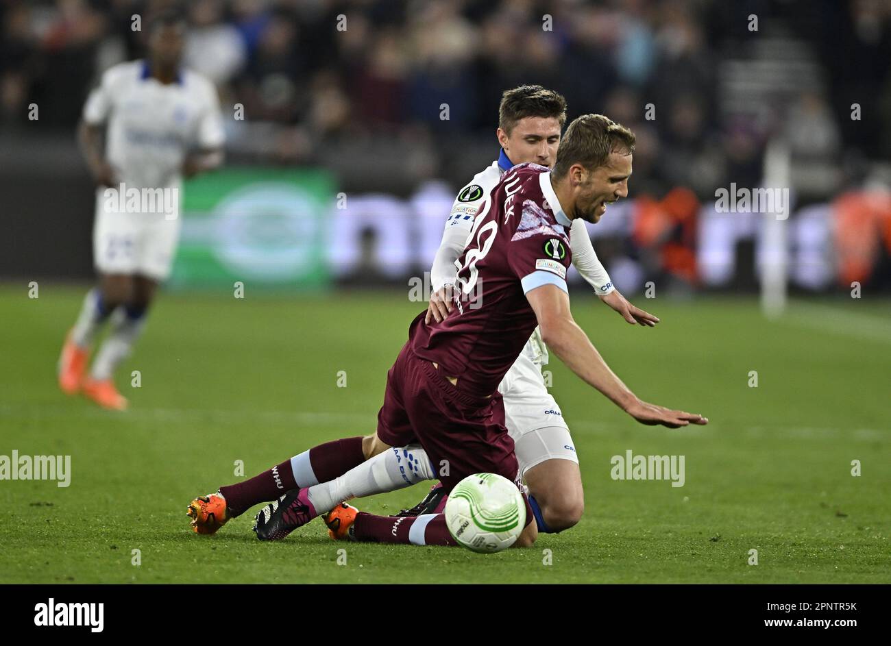 London, UK. 20th Apr, 2023. Tomas Soucek (West Ham) and Alessio Castro ...