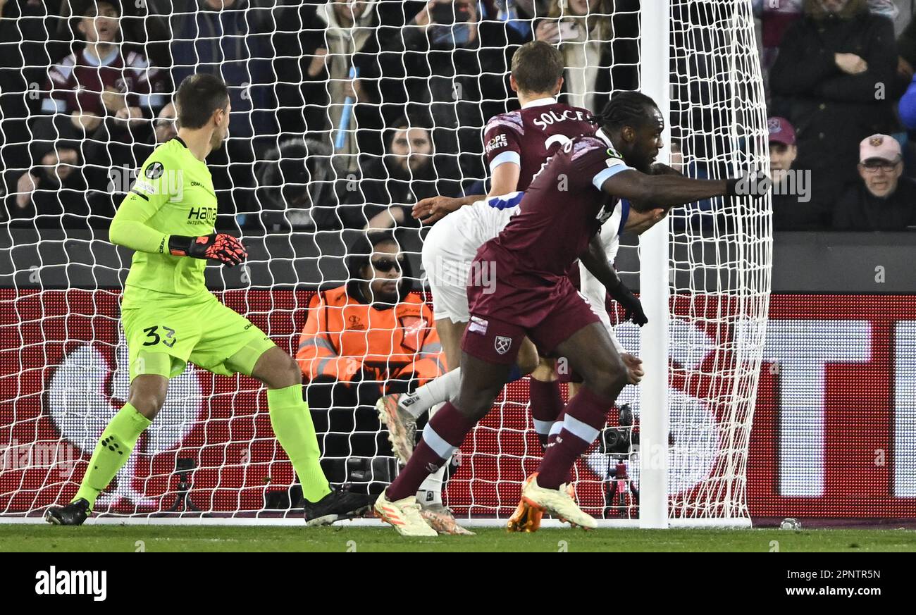 London, UK. 20th Apr, 2023. GOAL. Michail Antonio (West Ham) turns to celebrate after he scores ...