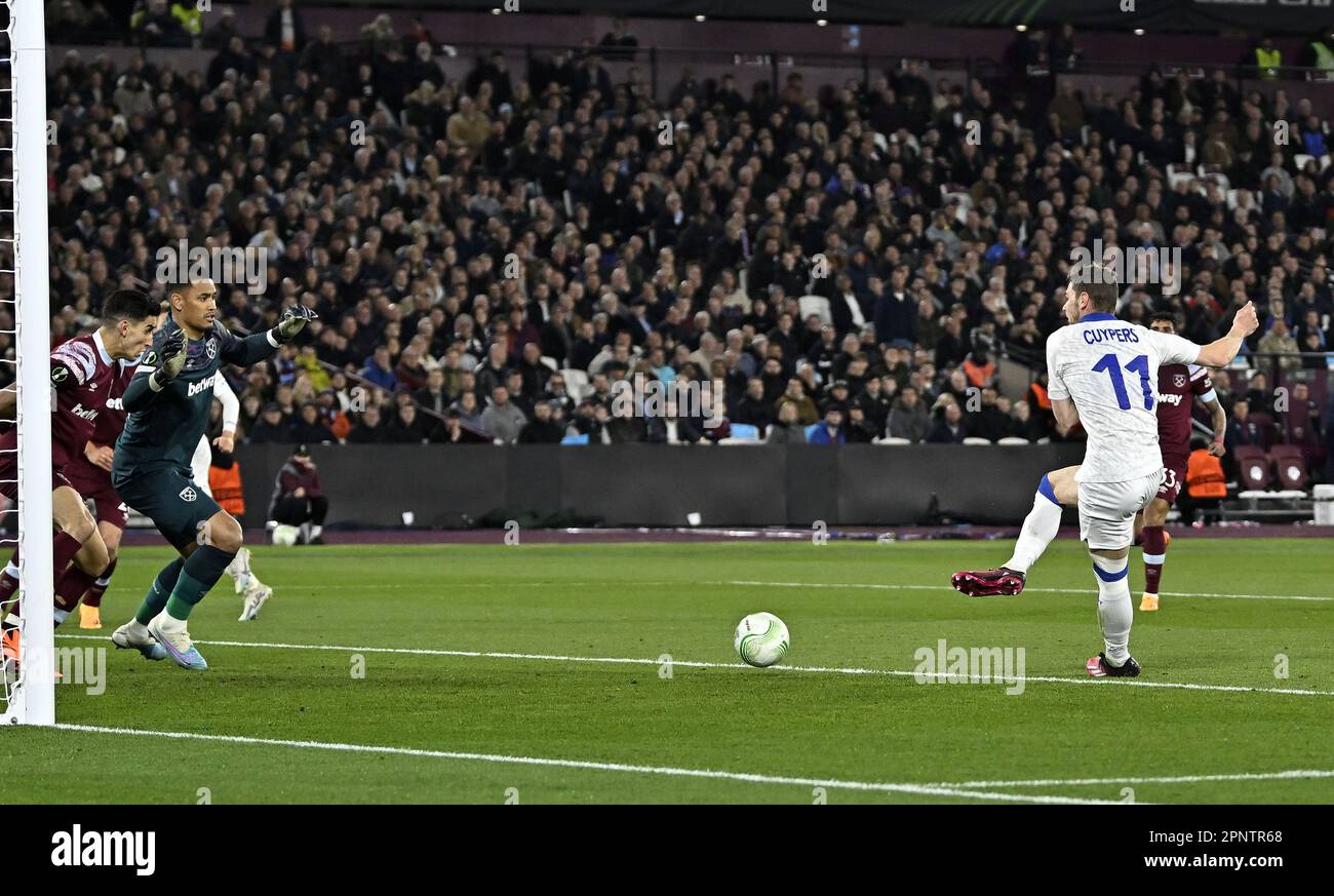 London, UK. 20th Apr, 2023. GOAL. Hugo Cuypers (Ghent) scores the first ...