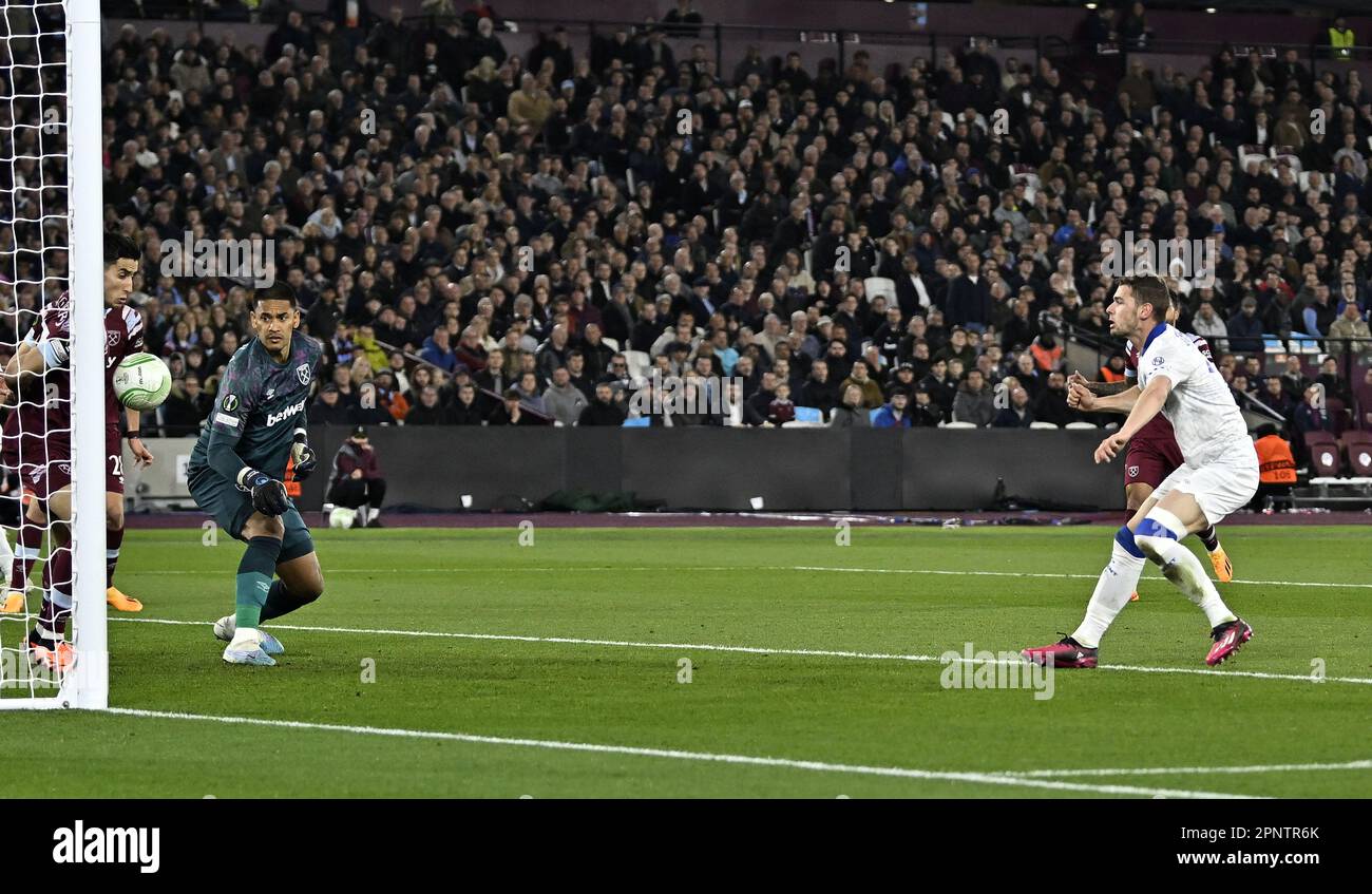 London, UK. 20th Apr, 2023. GOAL. Hugo Cuypers (Ghent) scores the first ...