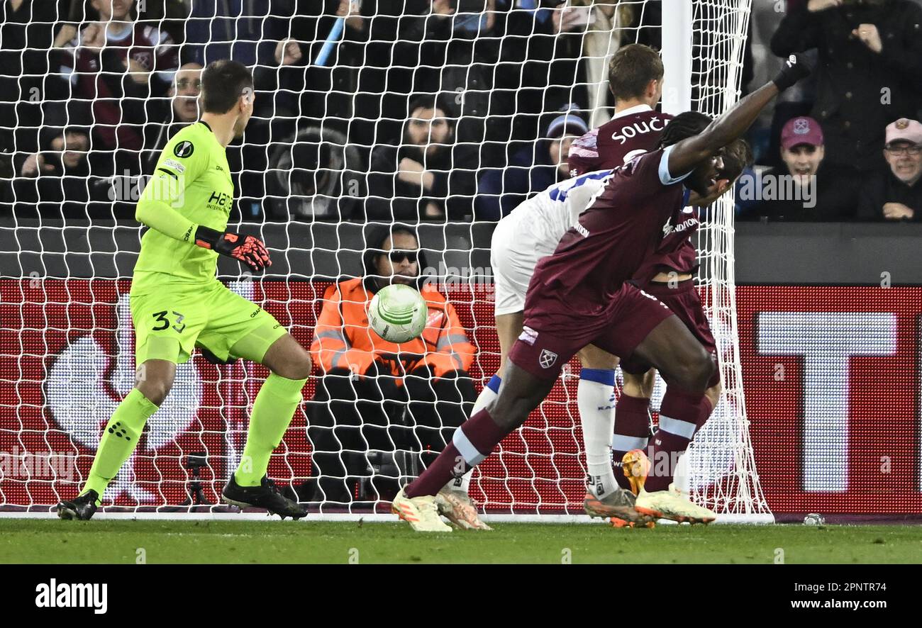 London, UK. 20th Apr, 2023. GOAL. Michail Antonio (West Ham) turns to celebrate after he scores ...
