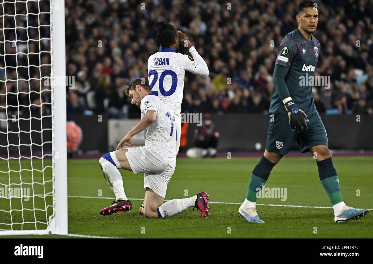 London, UK. 20th Apr, 2023. Gift Orban (Ghent) and Hugo Cuypers (Ghent) look dejected after they ...