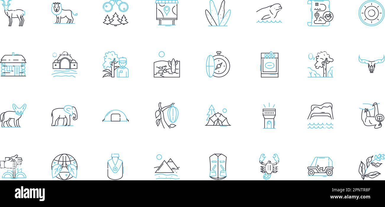 Wilderness linear icons set. Forest, Mountains, River, Lake, Wildlife ...