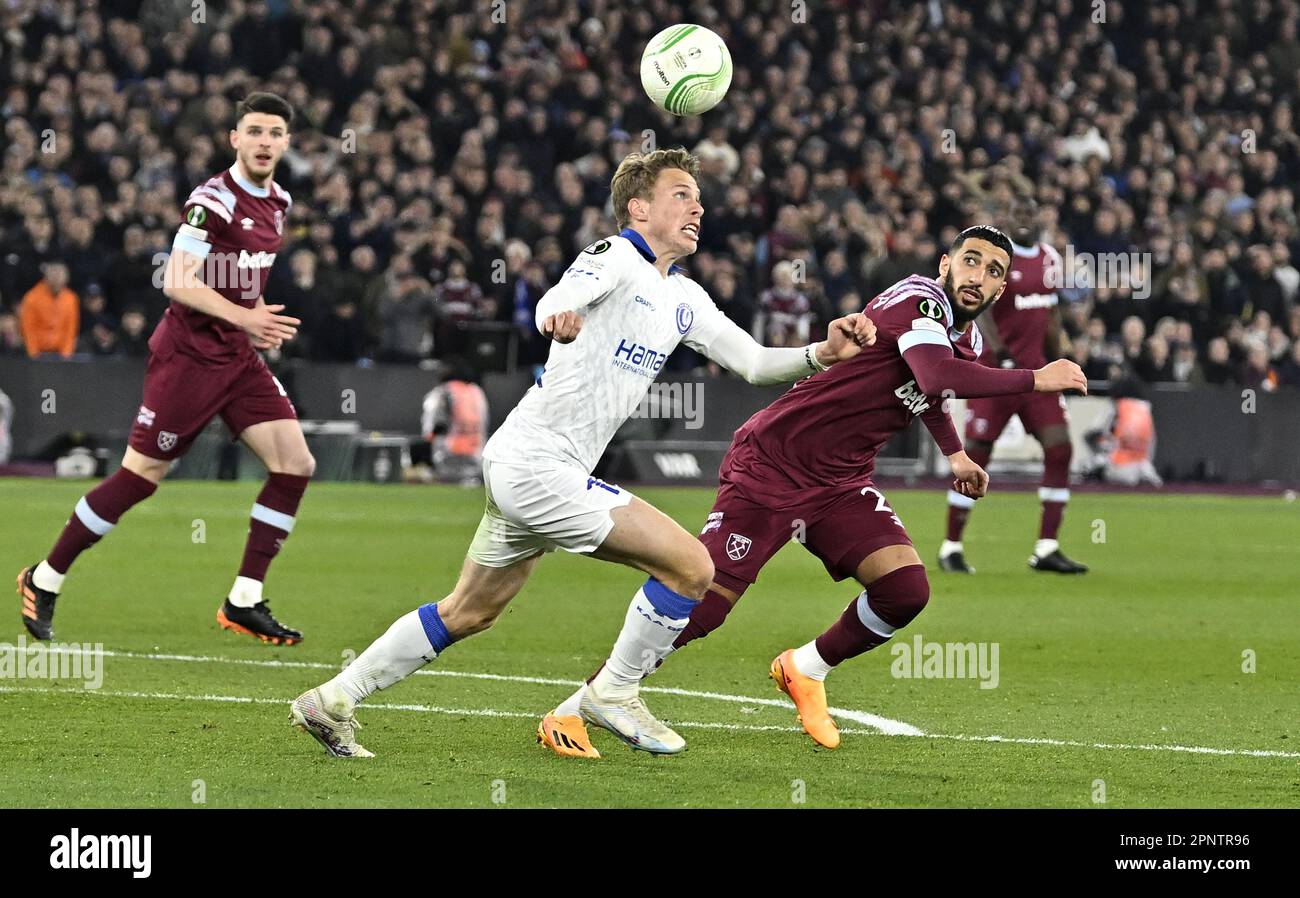 London, UK. 20th Apr, 2023. Matisse Samoise (Ghent) heads the ball ...