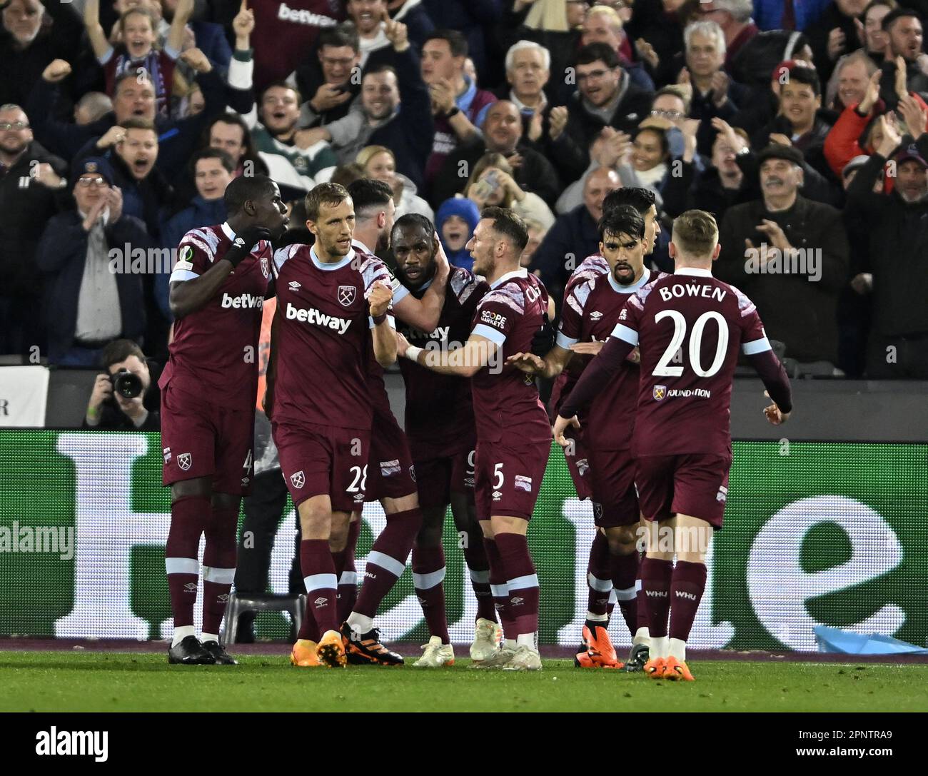 London, UK. 20th Apr, 2023. GOAL. Scorer of the first West Ham goal ...