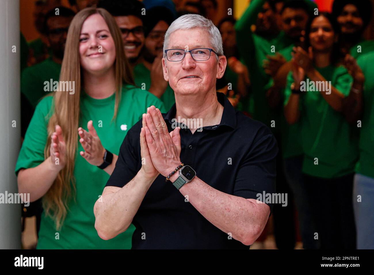New Delhi, India. 20th Apr, 2023. Apple CEO TIM COOK greets the media ...