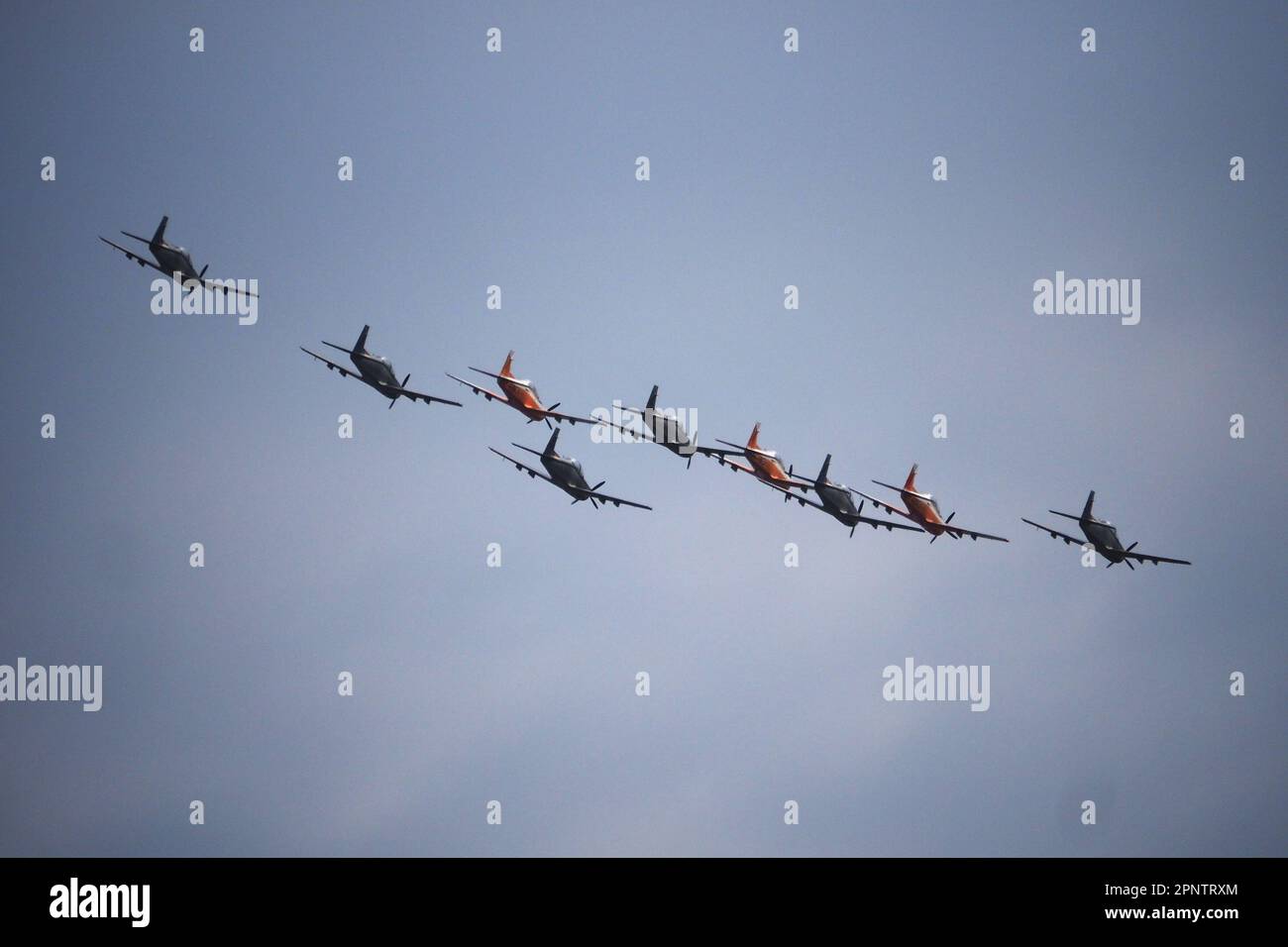 Squadron of KAI KT-1 Woongbi aircraft of the Peruvian Air Force flying ...