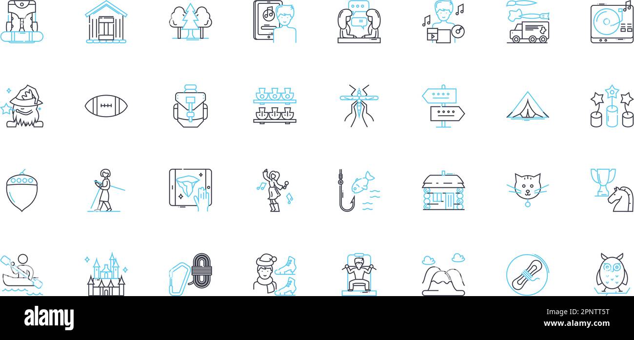 Wilderness retreat linear icons set. Nature, Solitude, Adventure ...
