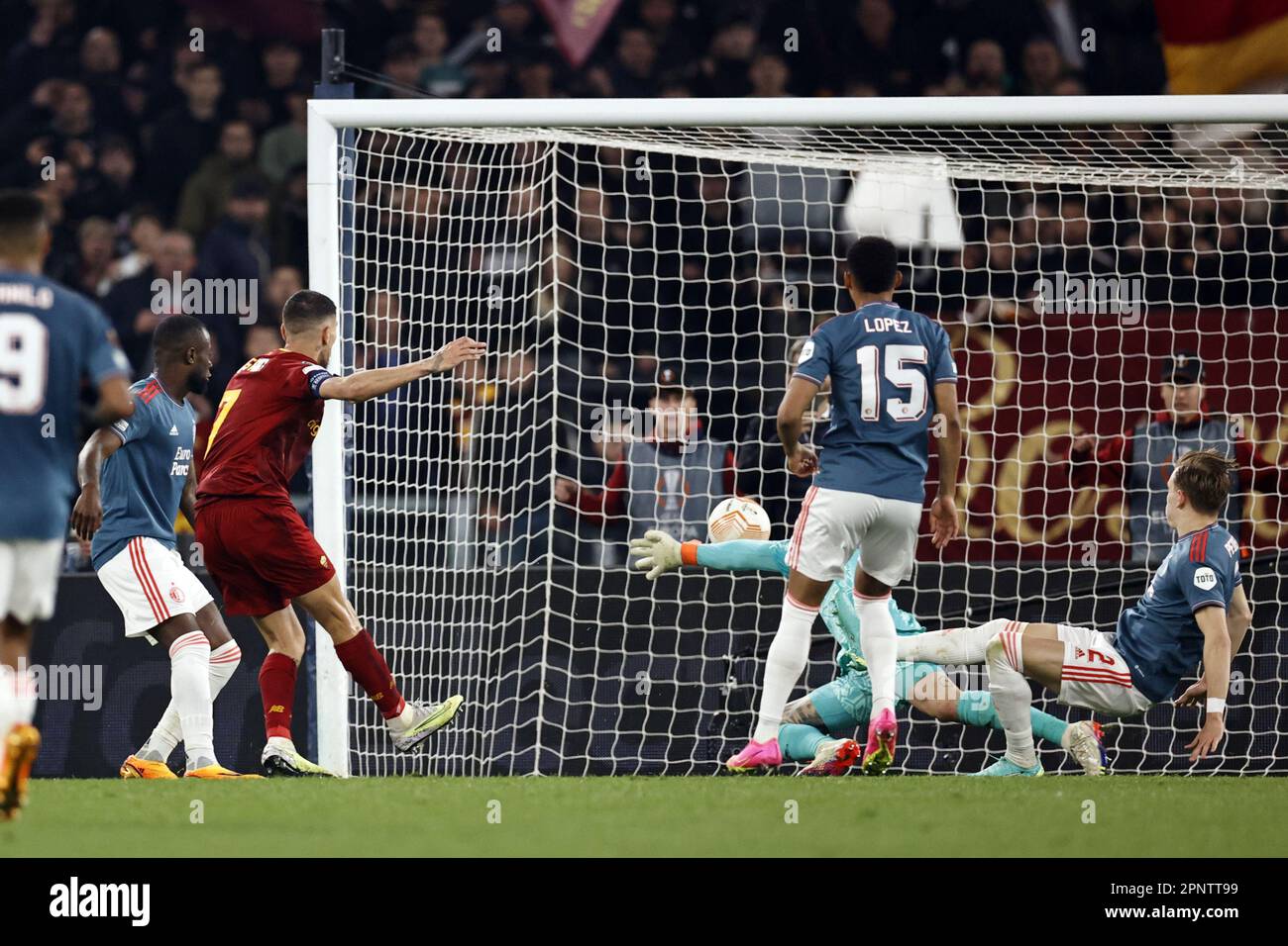 Rome, Italy. April 20, 2023. Lorenzo Pellegrini of AS Roma scores the 4 ...