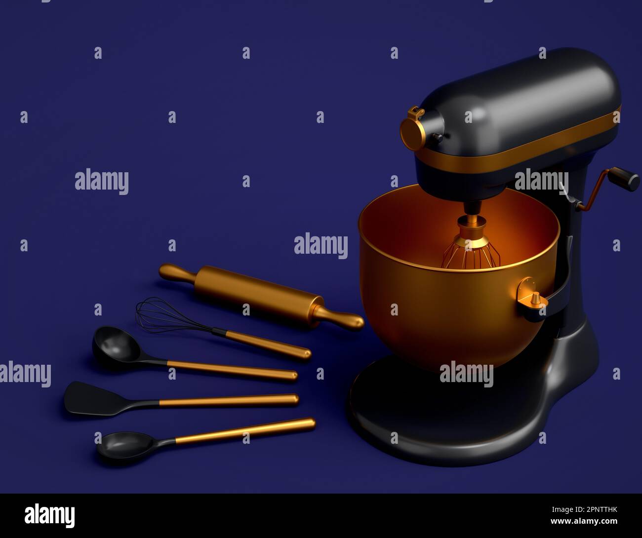 Mixer with kitchen utensil for preparation of dough on blue background ...