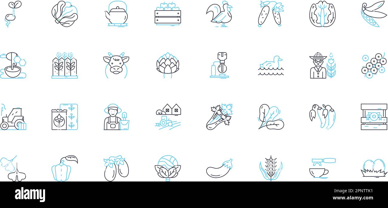 Ranch linear icons set. Horses, Cattle, Stables, Barn, Pastures, Hay ...