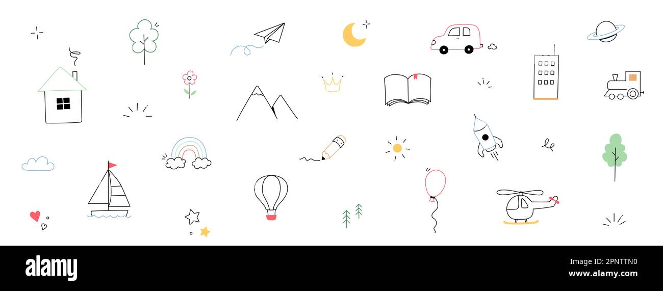 Hand drawn cute kid icon set background. Cute drawn sketch style doodle ...