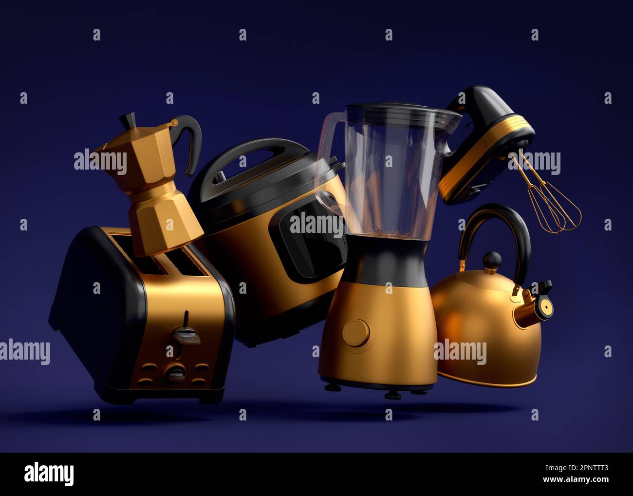 Electric kitchen appliances and utensils for making breakfast on blue ...
