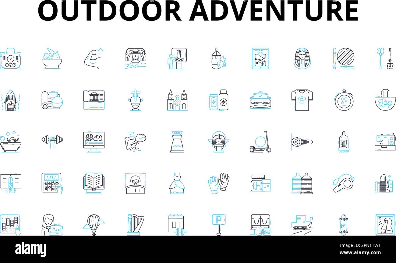 Outdoor adventure linear icons set. Hiking, Camping, Rafting, Zip ...