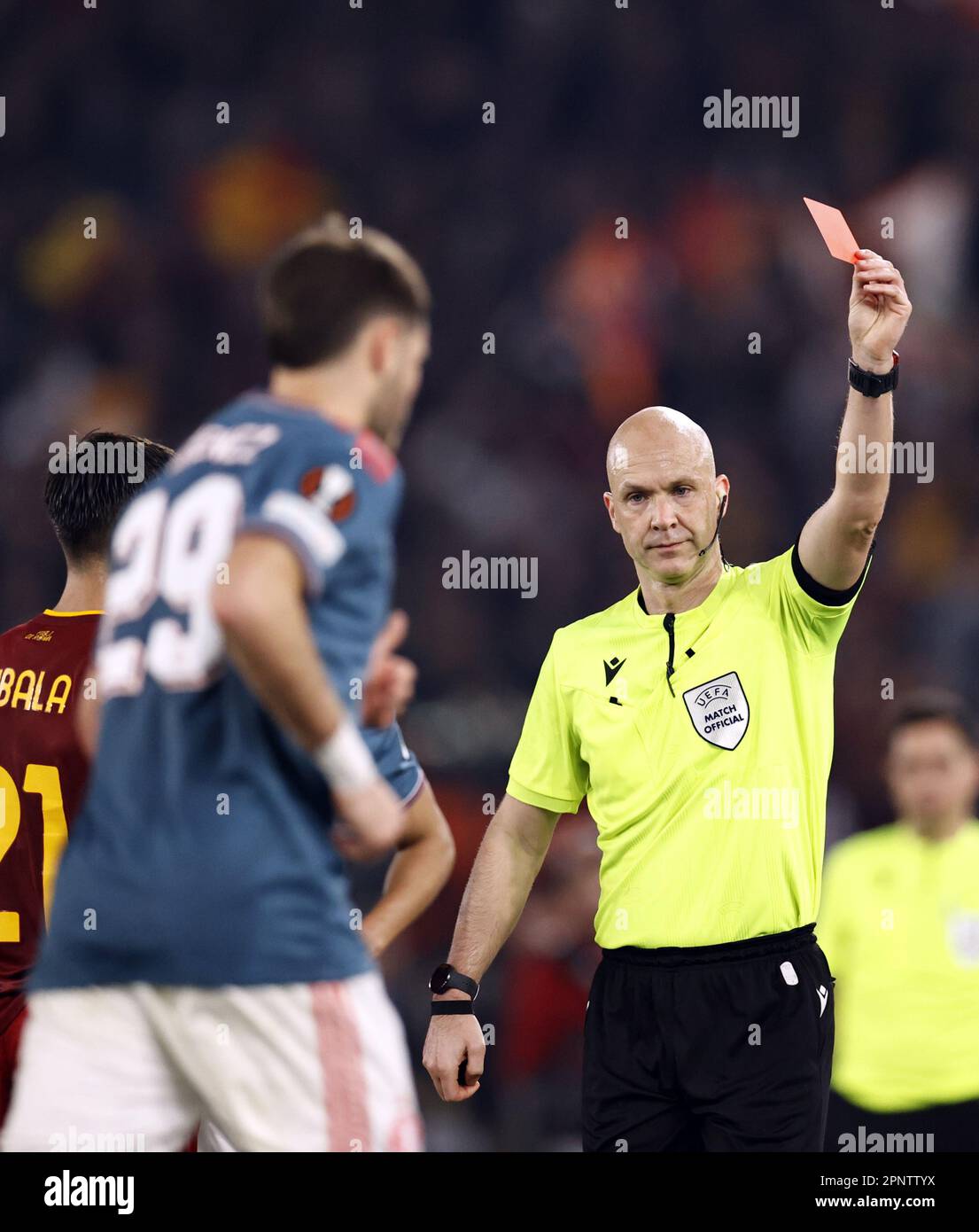 Rome, Italy. April 20, 2023. (lr) Referee Anthony Taylor gives the red ...